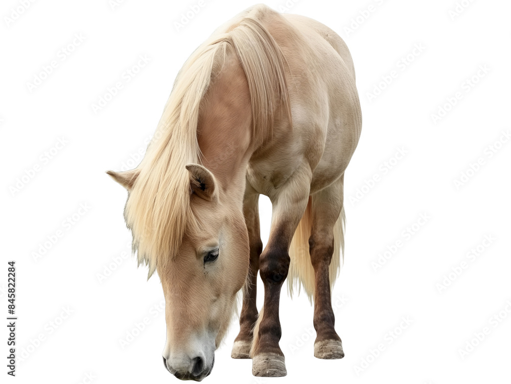 Front view pony is grazing and eating grass with head down isolated on ...