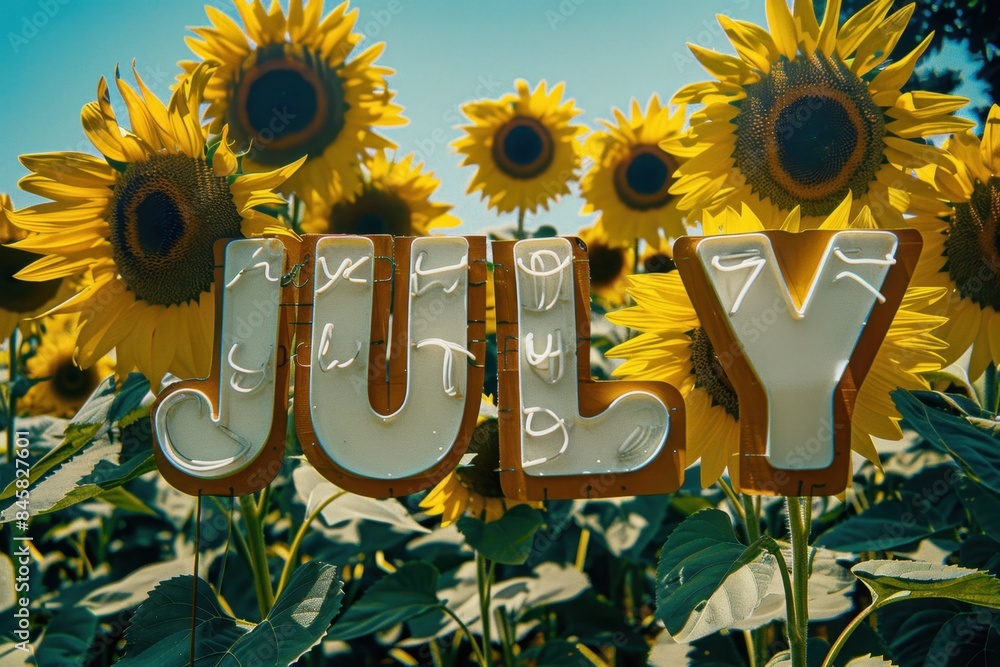"HELLO JULY", the background is a sunflower field, with large letters ...