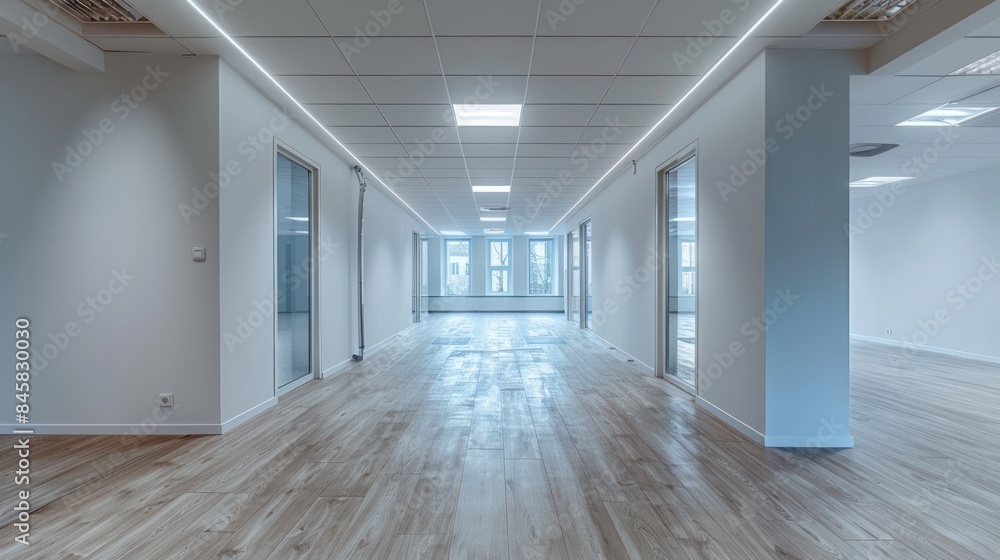 ภาพประกอบสต็อก Openspace office interior design with wooden wall and ...