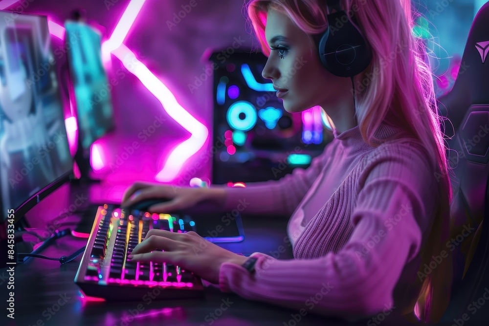 A focused female gamer plays a computer game in a vibrant neon-lit room ...
