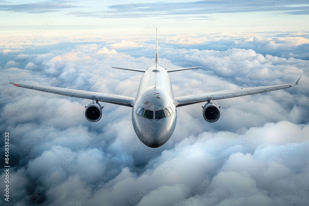 An airplane is captured head-on with a dramatic sky backdrop filled ...