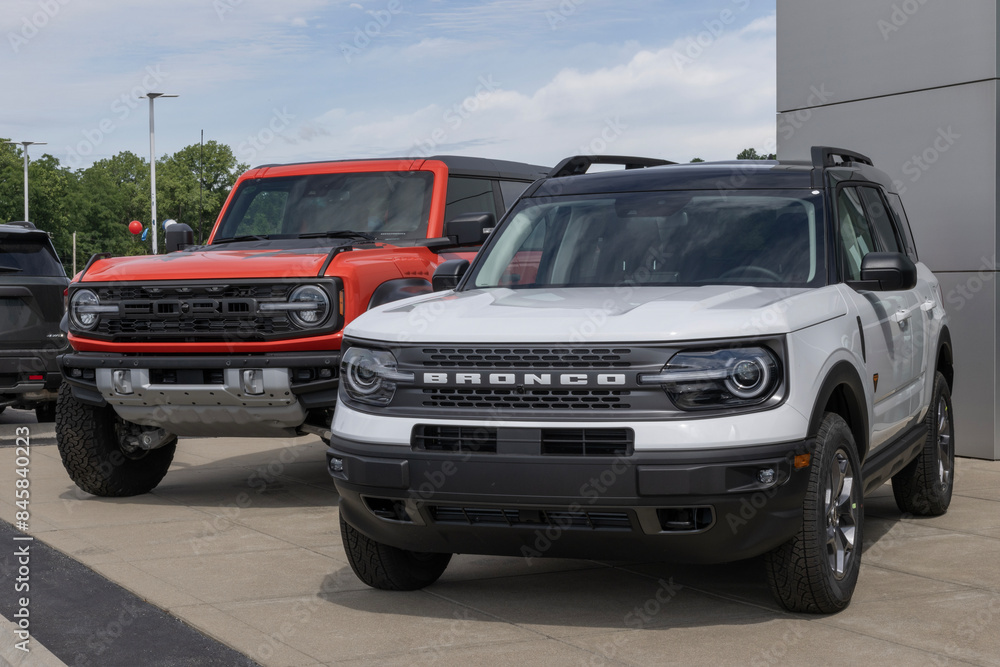 Ford Bronco display at a dealership. Ford offers the Bronco in Sport ...