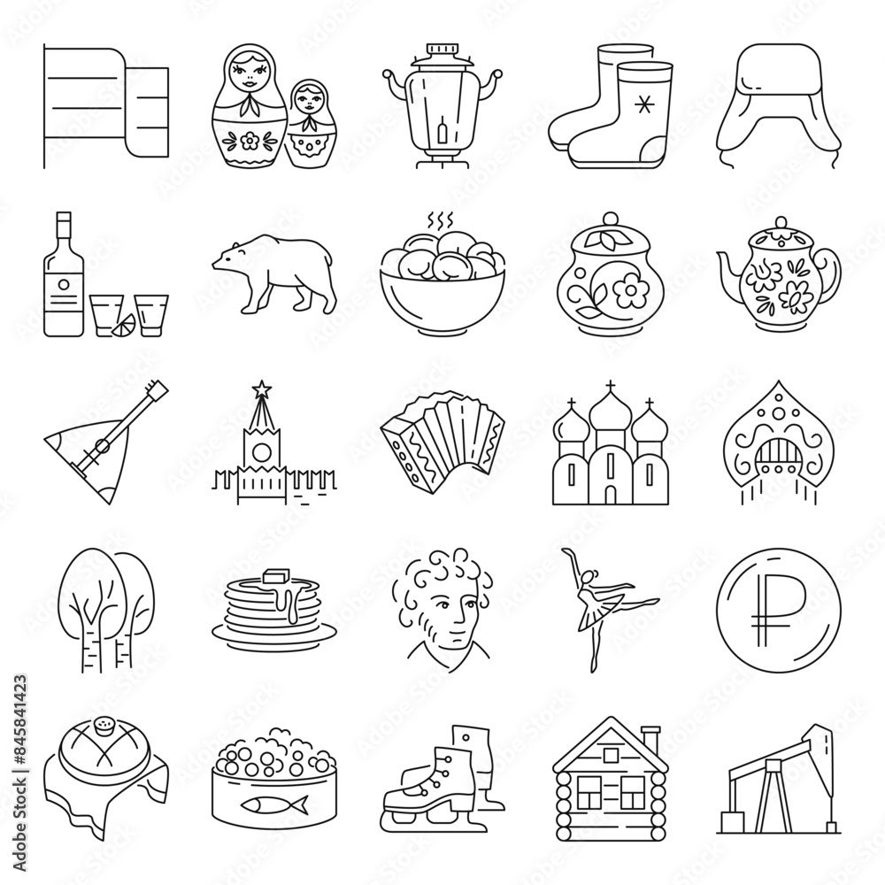 Russian national symbols icon set in line style. Vector illustration ...