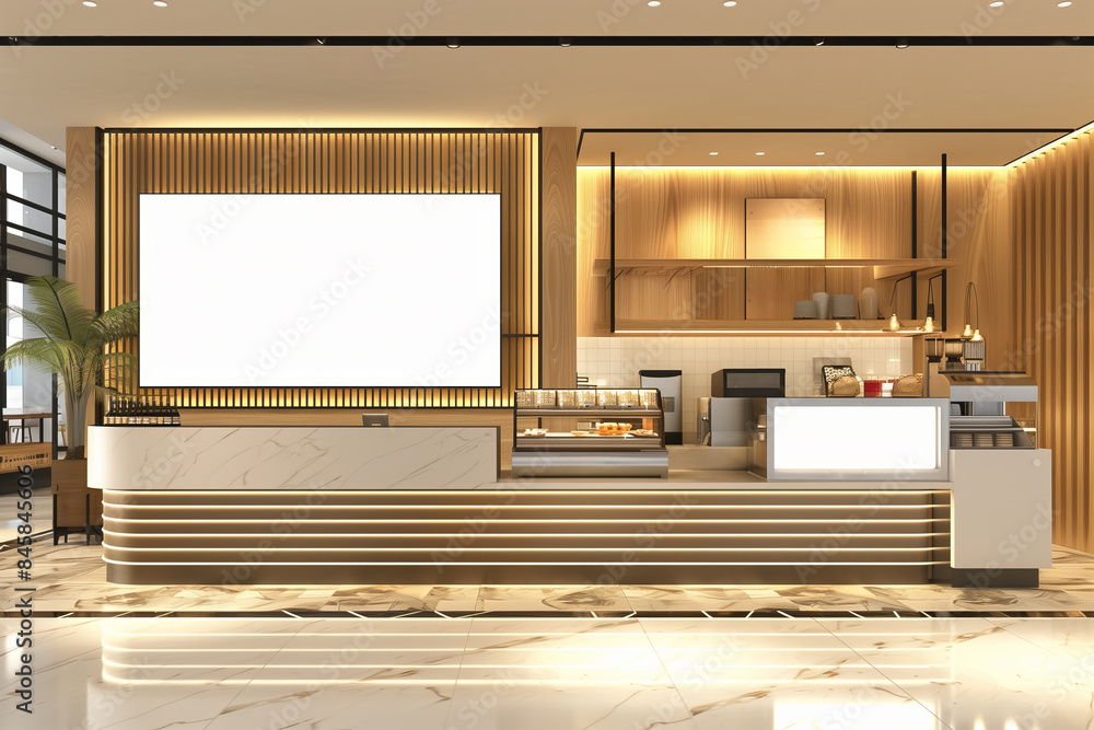 Modern cafe kiosk counter in shopping mall food court with blank white ...