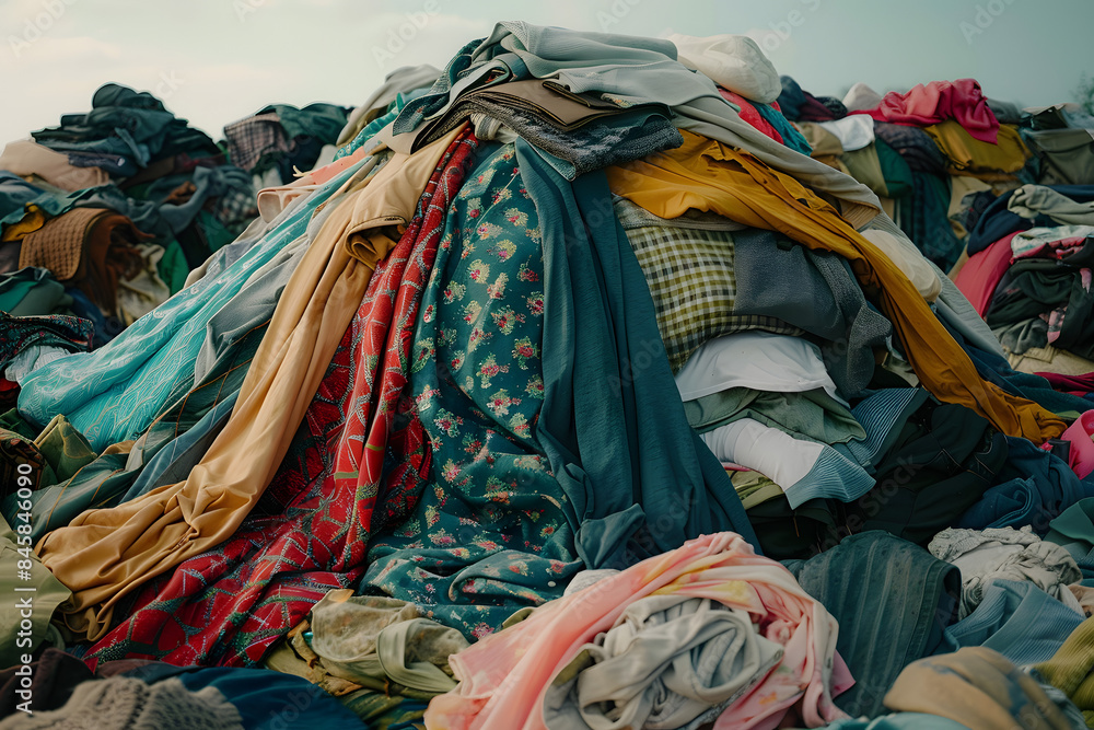 A pile of old used clothing and textiles. Fast fashion and clothing ...
