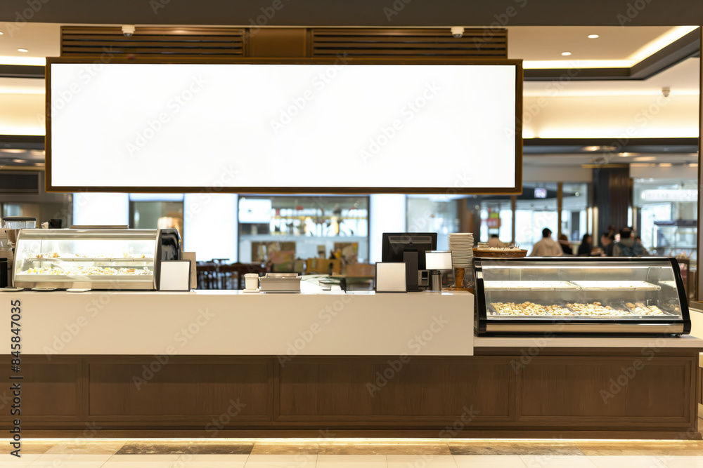 Modern cafe kiosk counter in shopping mall food court with blank white ...