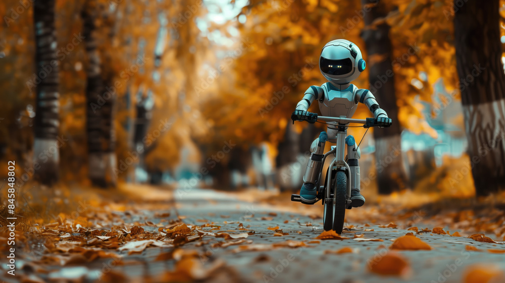 Happy humanoid robot rides a bicycle along the autumn alley. Robotic ...