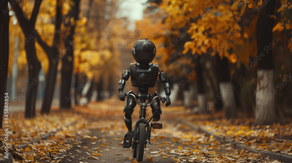 Happy humanoid robot rides a bicycle along the autumn alley. Robotic ...