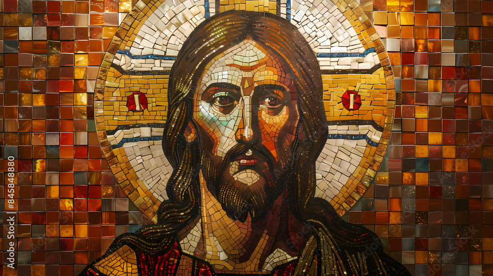 Mosaic portrait of Jesus Christ with a golden halo and rich colors ...