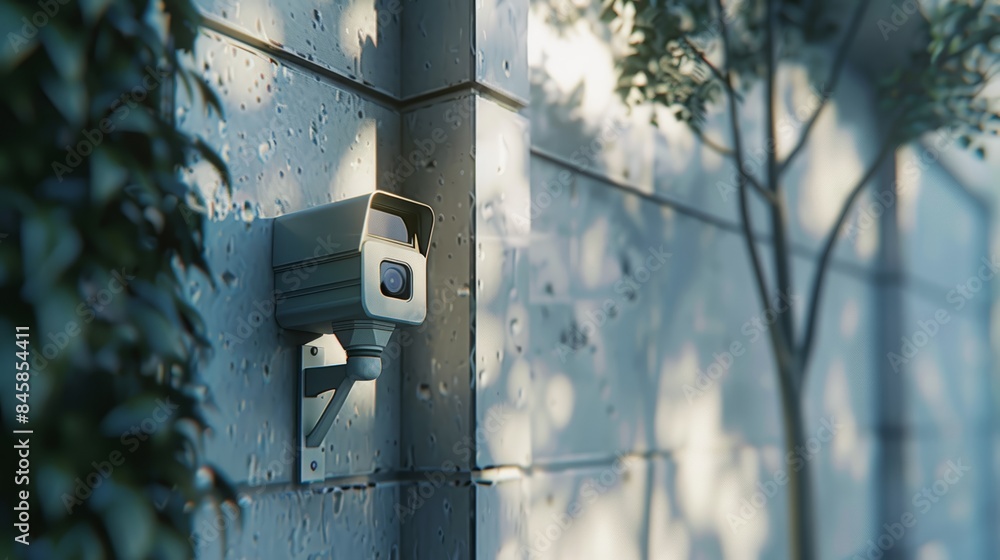 High-detail close-up of a CCTV camera on an architectural facade ...