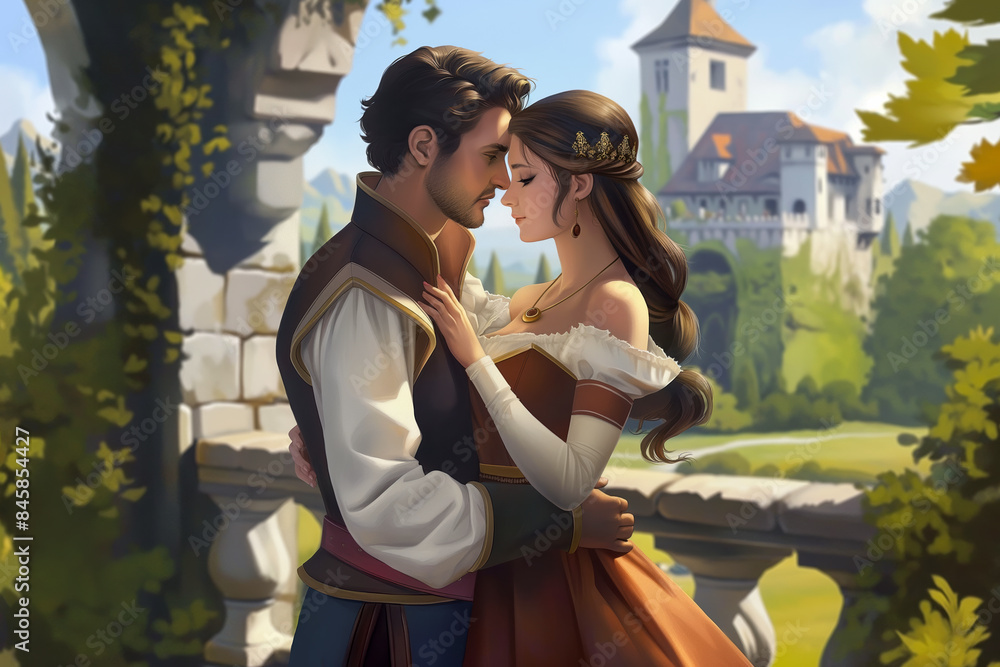 Romantic scene of a medieval fantasy couple in traditional attire ...