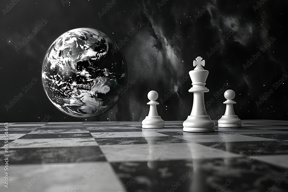 set of chess pieces on space earth planet background, international ...