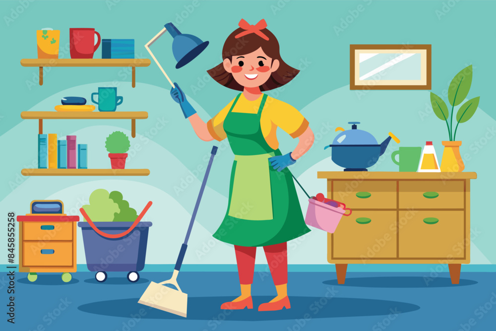 A cartoon woman is shown cleaning a kitchen with a mop and a bucket ...