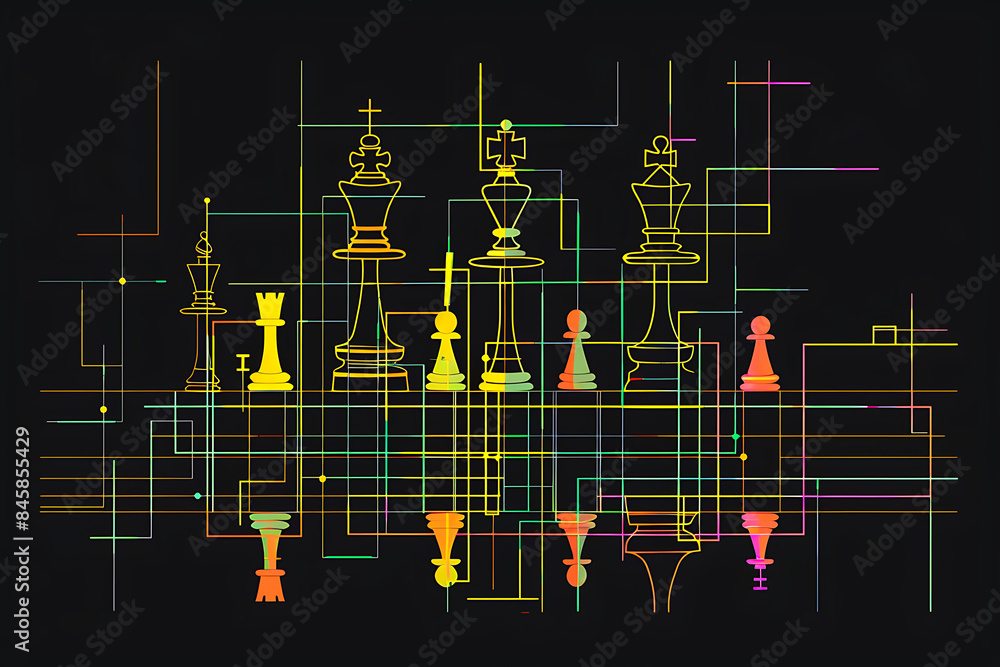 set of colorful chess pieces on dark background, simple line drawing ...