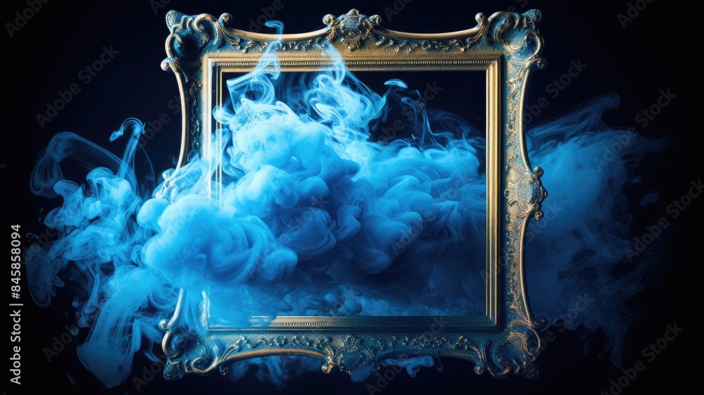 Digital artwork of enigmatic framed blue smoke art on black background ...