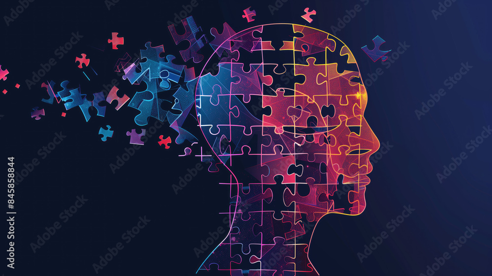 Human head profile and jigsaw puzzle, cognitive psychology or ...