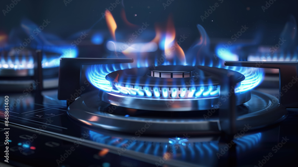 Kitchen gas stove burner with blue flame transparency. Horizontal ...