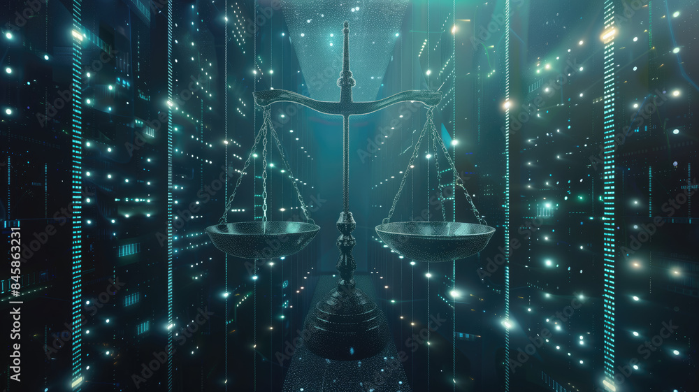 Law scales on background of data center. Digital law concept of duality ...