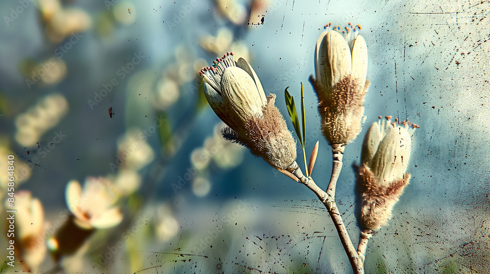 Vintage grunge faded photo of a branch with blossoming buds on a blurry ...