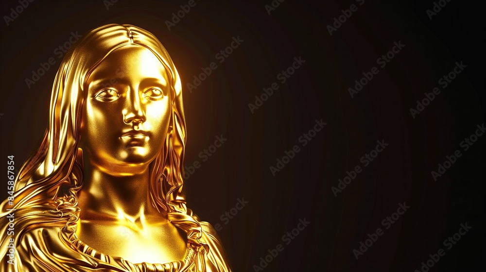 3d mona lisa sculpture bust luxury shiny golden material statue on dark ...