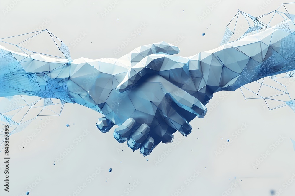 3d low poly illustration of handshake with network around it on white ...