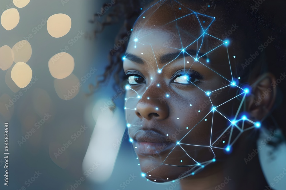 African american woman with digital biometric grid. Face detection and ...