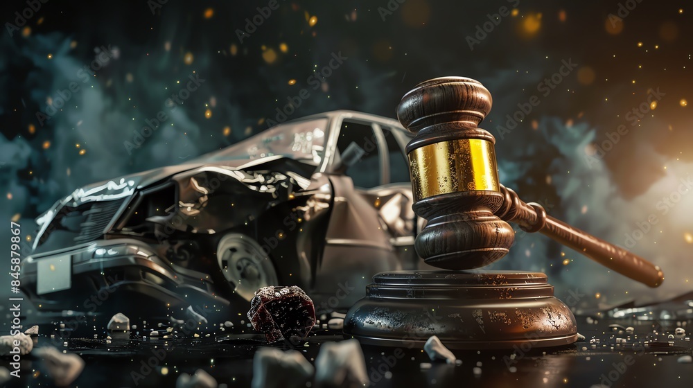 Gavel and damaged car symbolizing legal consequences of traffic ...