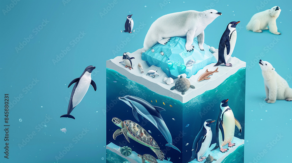 Isometric cube profile map of the ocean, featuring marine animals such ...
