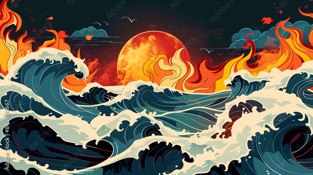 A cartoon vector illustration of flames on top of an ocean wave, in the ...