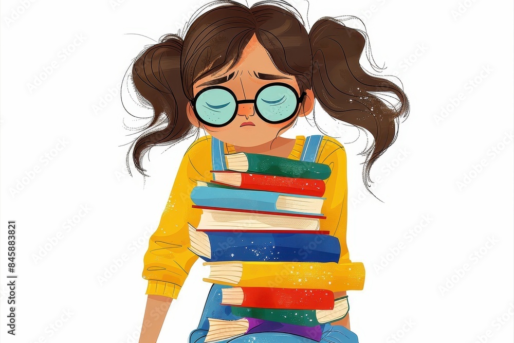 Cartoon image of a student struggling to hold a large stack of books ...
