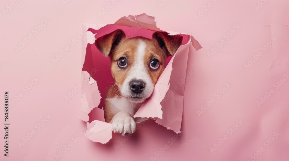 Cute dog peep through paper hole with plain background. Stock Photo ...