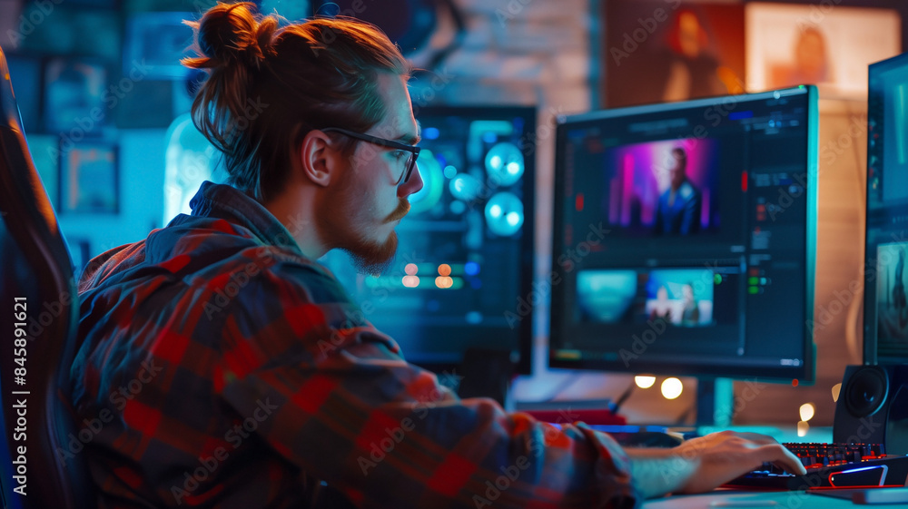 Gen-z man with handlebar mustache and man bun working on color ...