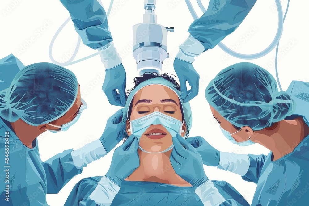 Detailed illustration depicting a surgical team working together around ...