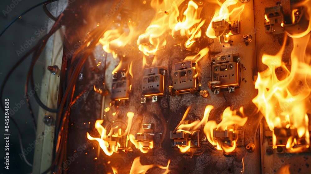 Fire, accident at an electrical panel with an electrical grid control ...
