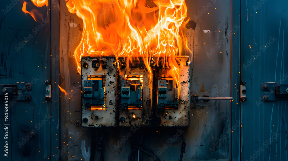 Fire, accident at an electrical panel with an electrical grid control ...