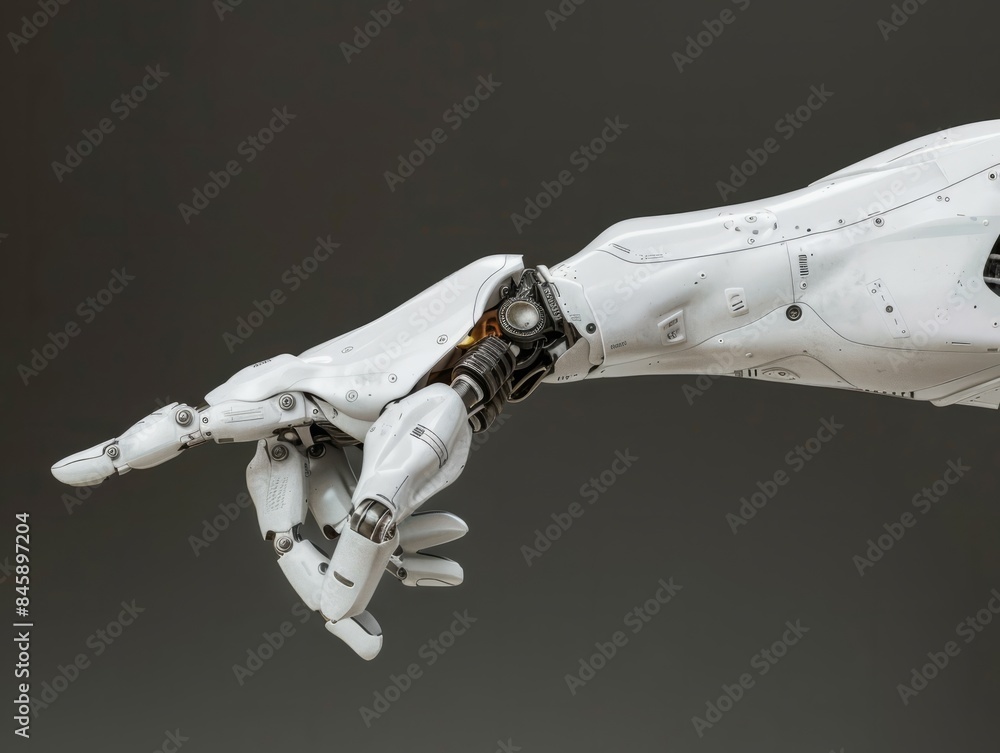 Robotic hand pointing to side with copy space, white artificial humanoid hand making the ...