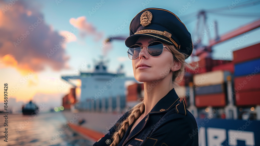 Foto de Blonde female cargo container ship captain standing proudly in ...