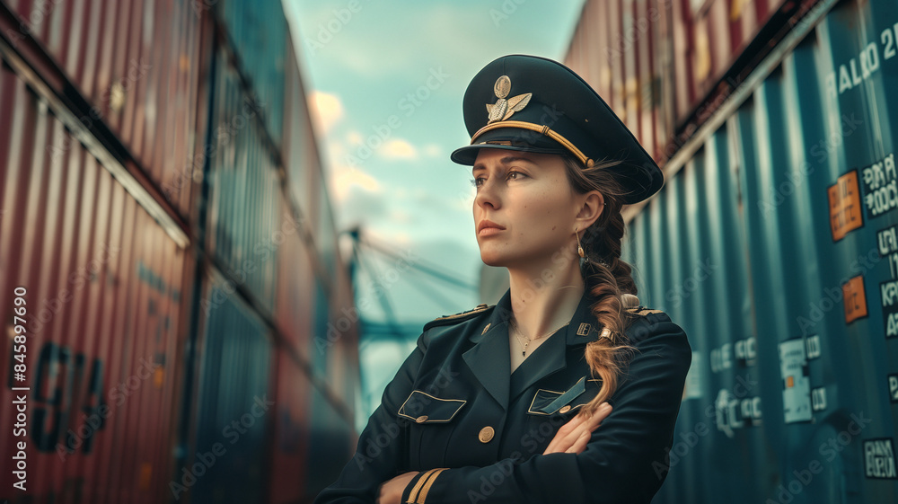 Blonde female cargo container ship captain standing proudly on the deck ...