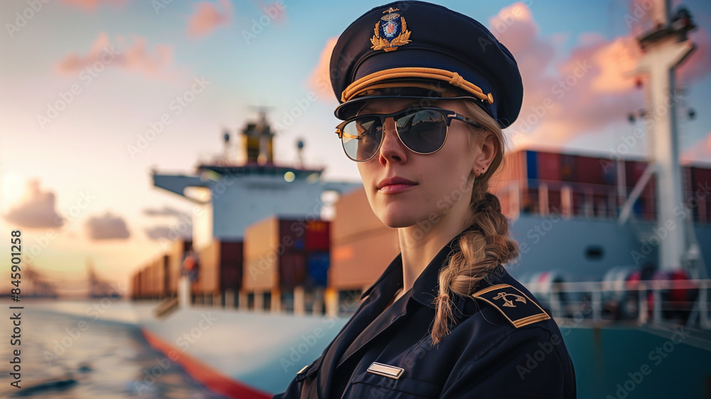 Blonde female cargo container ship captain standing proudly in front of ...
