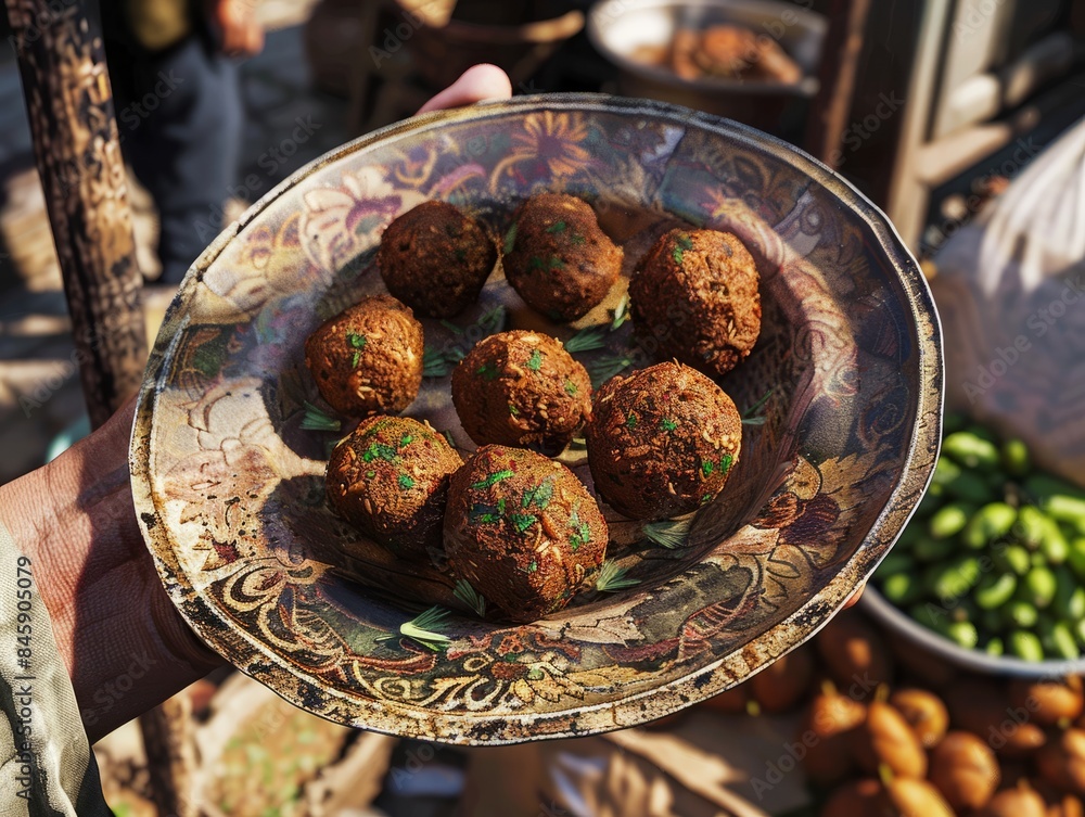 Man enjoying a tasty, traditional, vegetarian meal: falafel on a unique ...