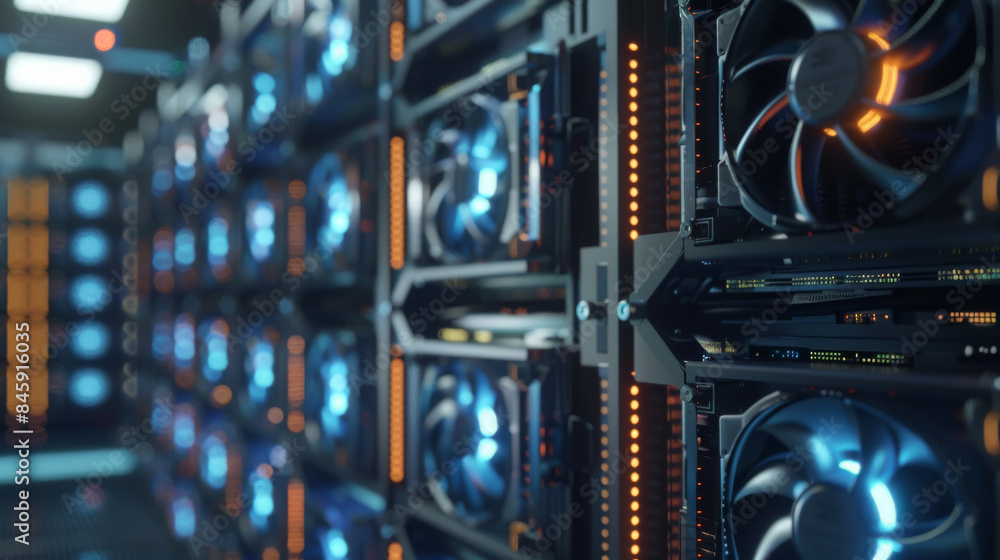 Server racks with blue LED lights highlighting the high-performance ...