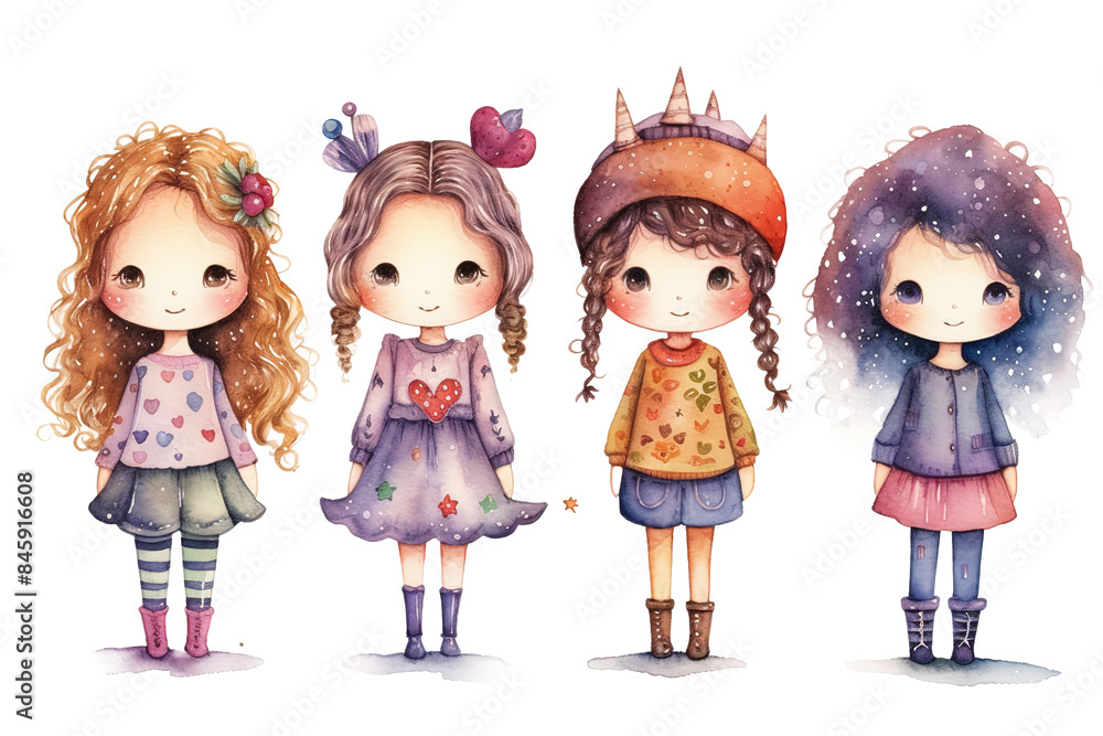 cute watercolor cartoon illustration, pretty girl wearing leisure ...