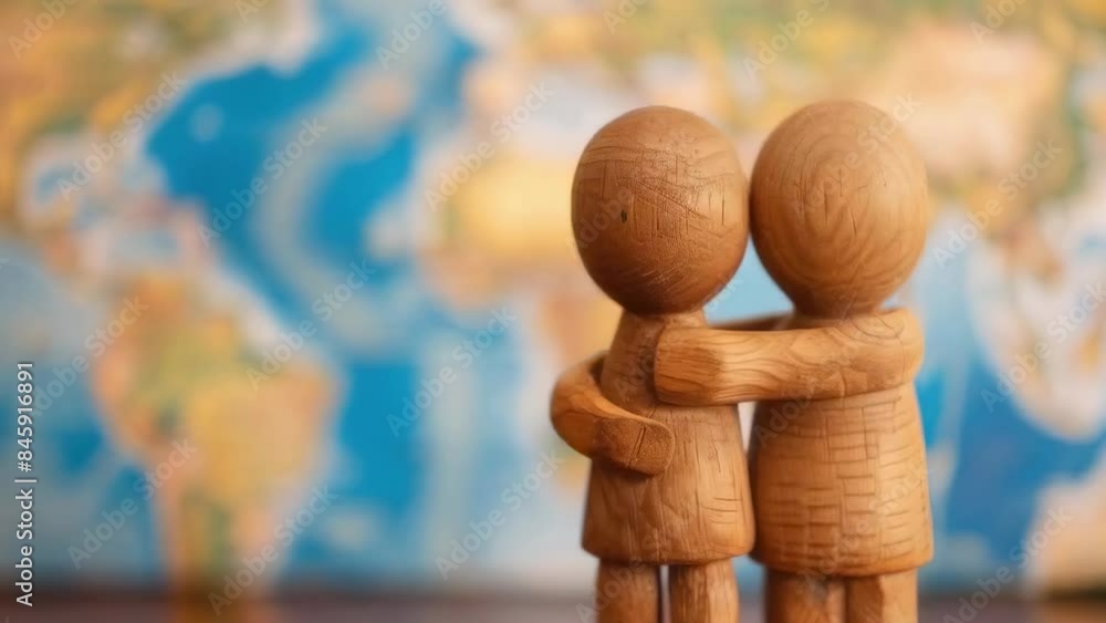 Two wooden figures hug in front of a colorful world map, symbolizing ...