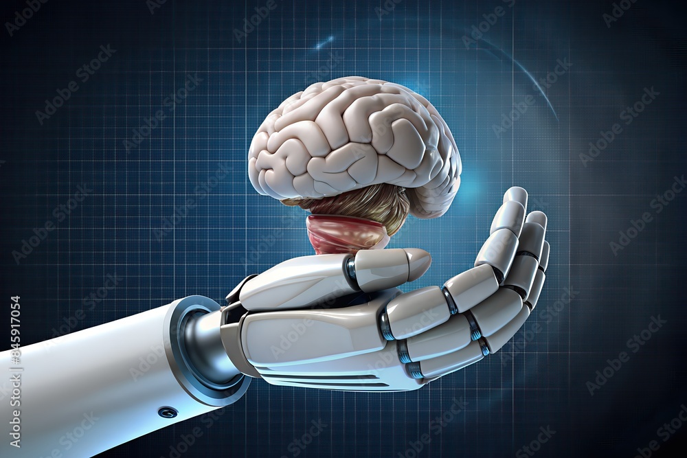 robotic hand cradling human brain digital blue background artificial ...