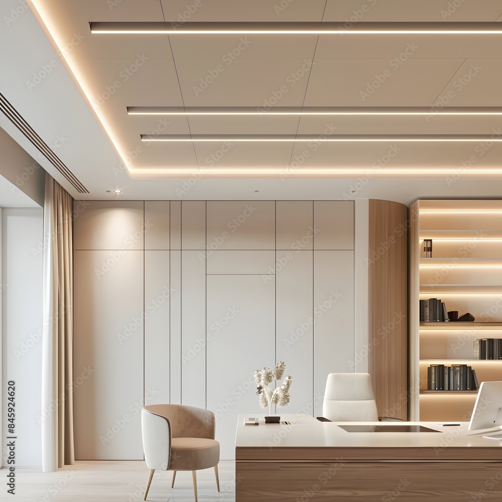 Top view of the ceiling in an office, with a white and beige color ...