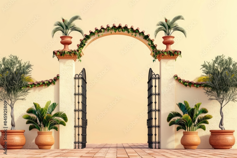 Border design featuring a Mediterranean-style entrance gate with ...