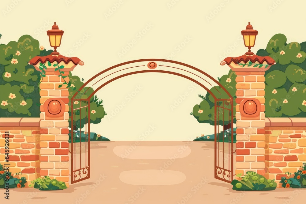 Border design featuring a Mediterranean-style entrance gate with ...