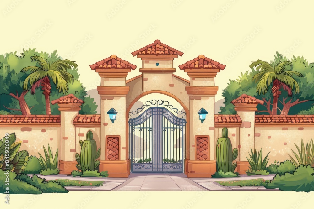 Border design featuring a Mediterranean-style entrance gate with ...