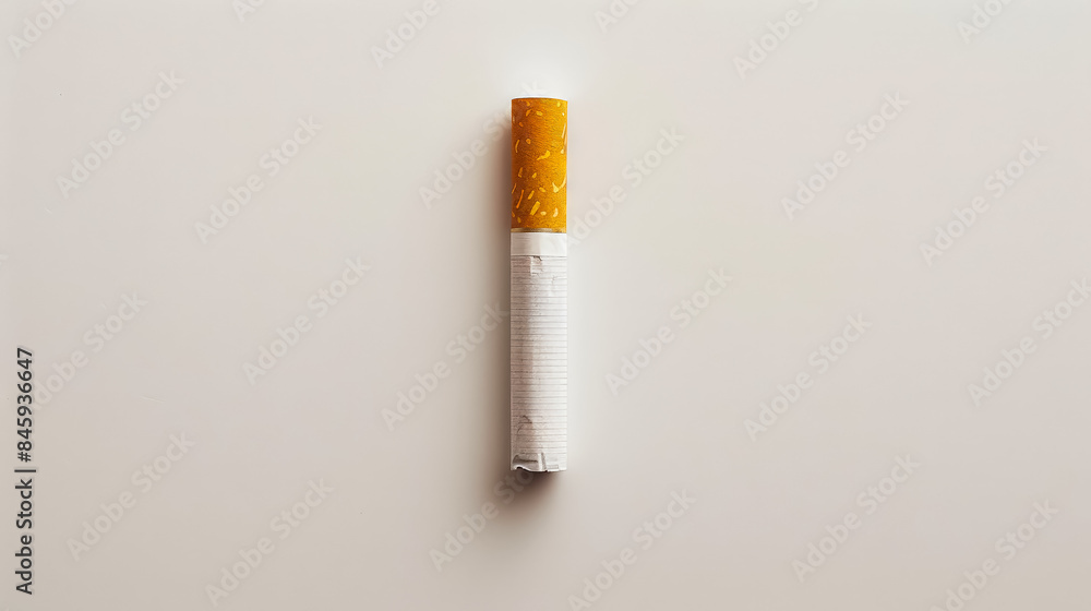 A cigarette is lit and has a red tip. The cigarette is on a white ...