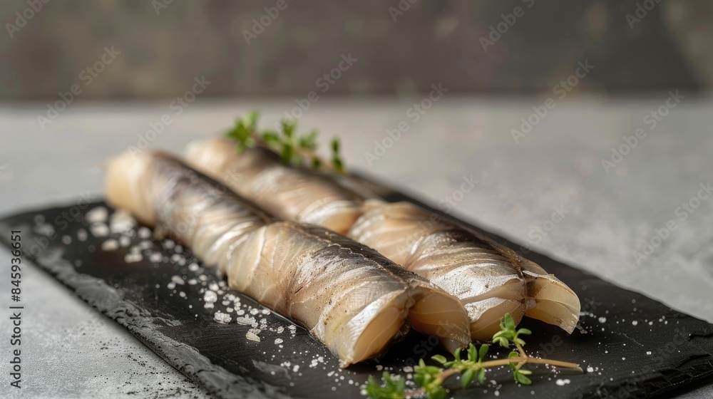 Pickled herring fillets rolled into a cylinder on a black foam tray ...